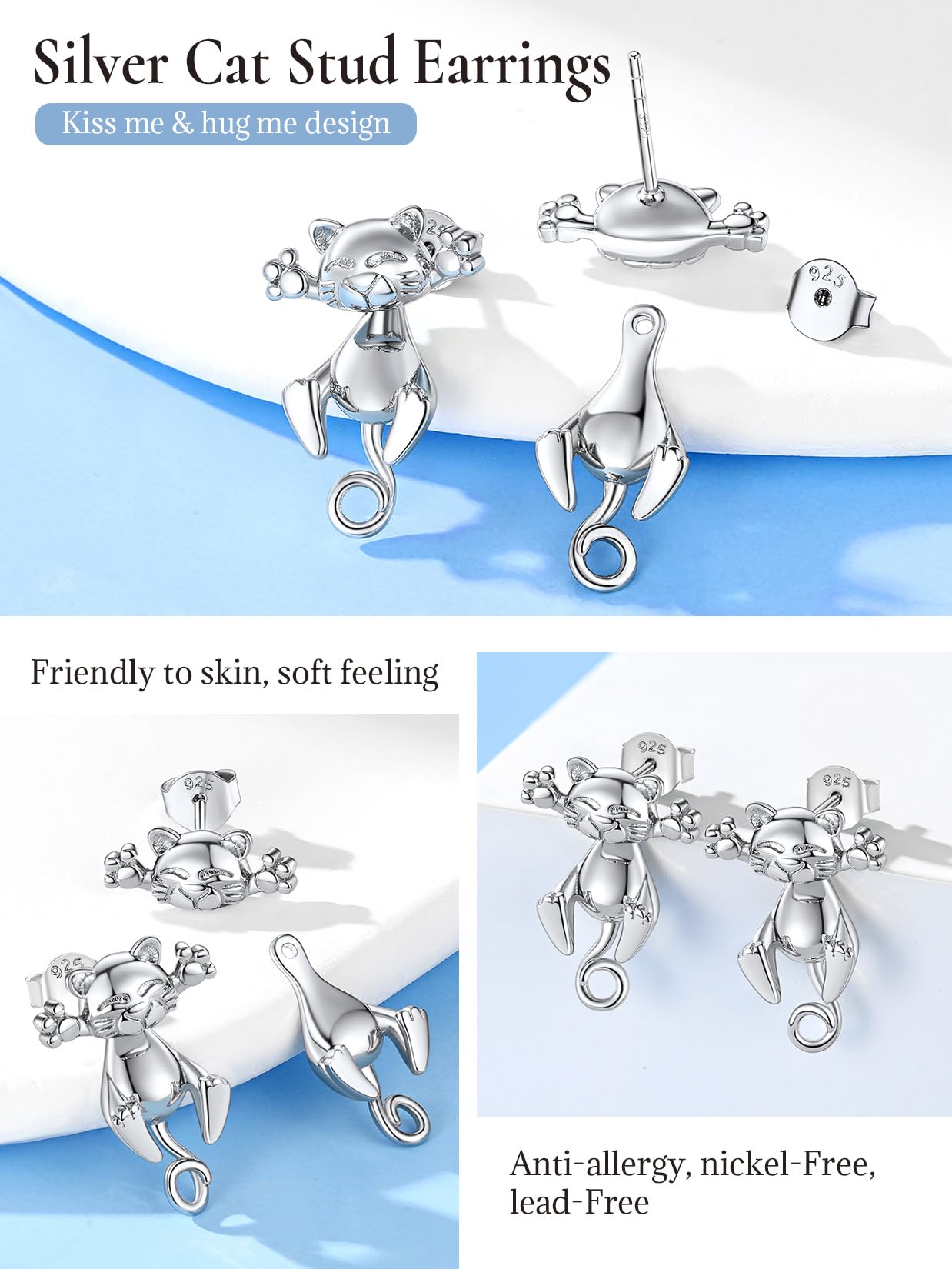 925 Silver Cute Cat Earrings Stud Solid Sterling Jewelry " Kiss me Hug Me" 3D Kitten Ear Jacket Earring for Women Teen Girls