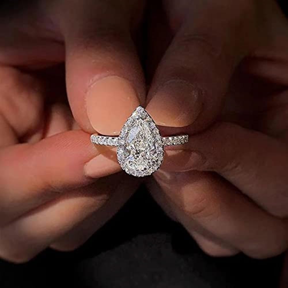 925 Silver Ladies Classic 18K Ring Fashion Elegant Drop Pear Shape Ring Engagement Wedding Ring Ideas Sparkling Drop Shaped Zircon Wedding Rings for Women Wedding Jewelry Sizes 6-10 569 (6)