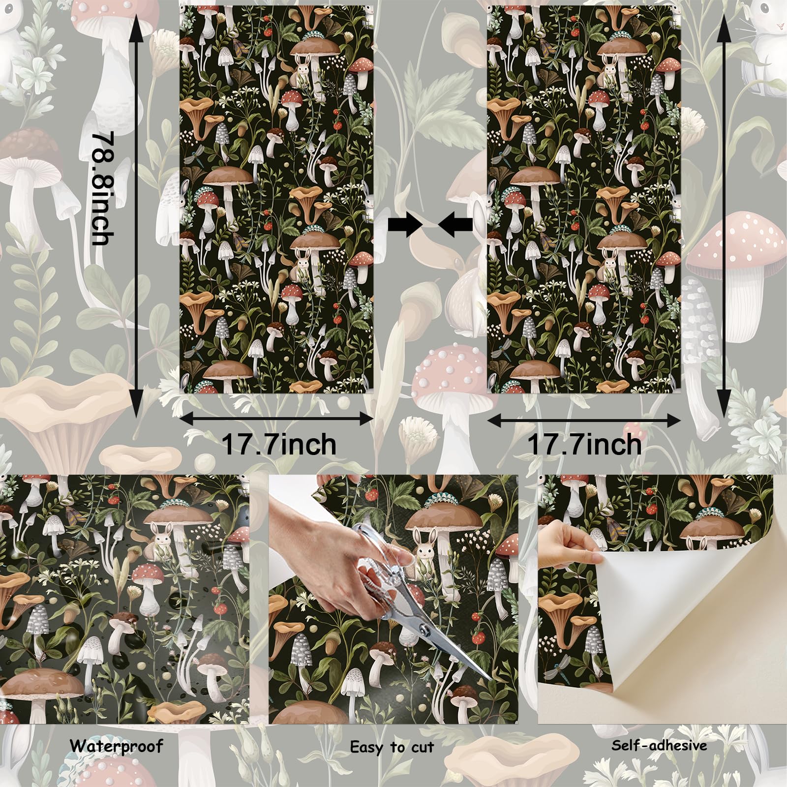 MILEPER Mushroom Wallpaper Peel and Stick Wallpaper Boho Black Wallpaper 17.7" x 78.8" Self Adhesive Removable Wallpaper Leaf Forest Wallpaper Mushroom Contact Paper for Countertops Decor