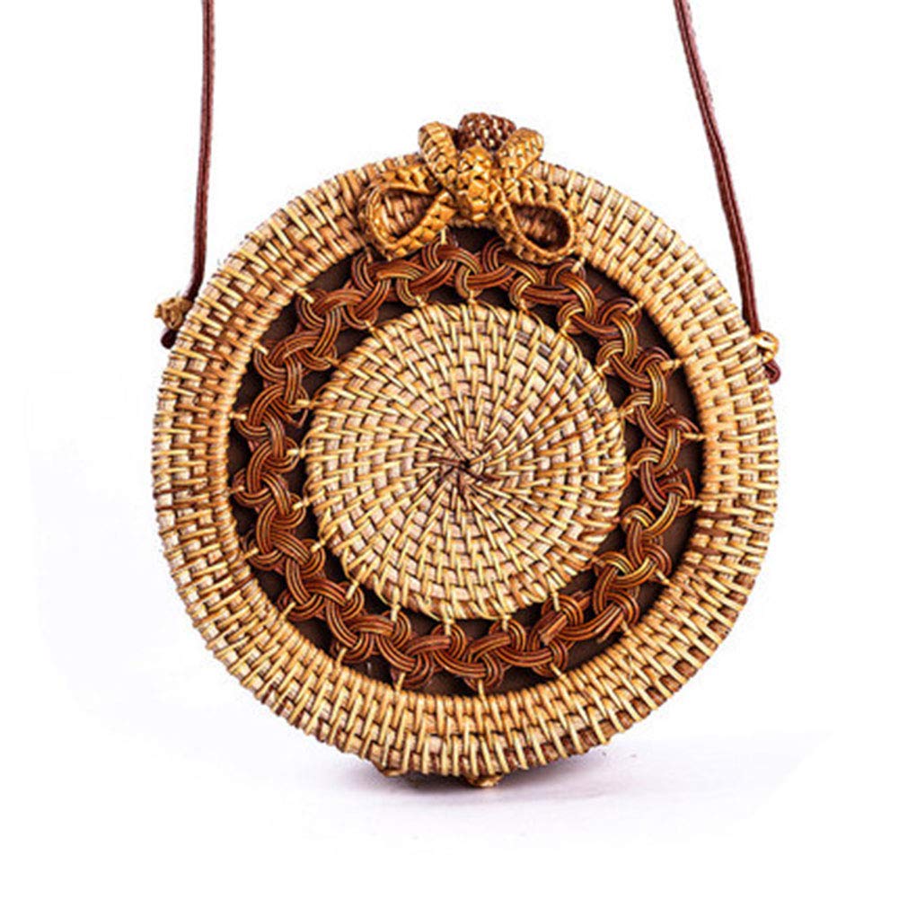 BaellerryRound Woven Ata Rattan Bag Summer Beach Shoulder Bag for Women, Beige, Medium