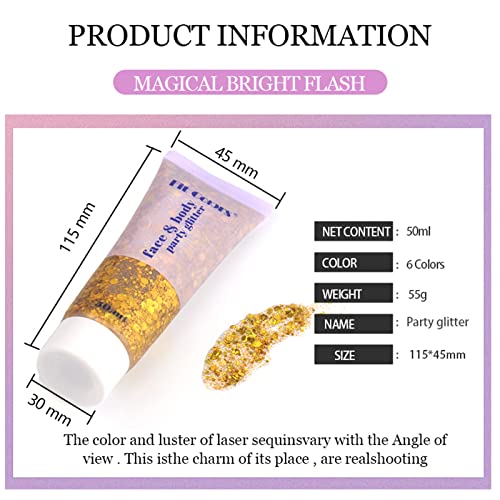 Face Glitter Gel, 2 Jars Holographic Chunky Glitter Makeup for Body, Hair, Face, Nail, Eyeshadow, Long Lasting and Waterproof Mermaid Sequins Liquid Glitter Total 6 Colors Available (#6, White, 2PCS)