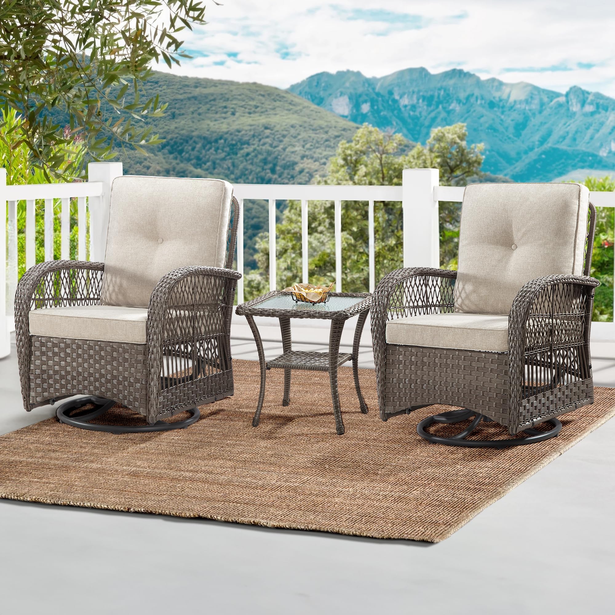 MeetLeisure Bistro Set 3 Piece Outdoor Patio Furniture, Wicker Swivel Rocking Chair Set with Matching Coffee Table & Premium Fabric Cushion(Mixed Grey/Beige)