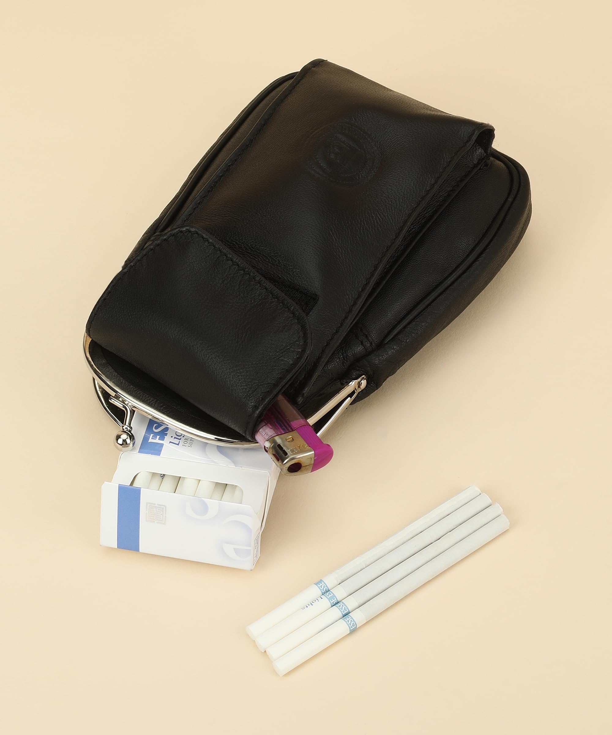 Leatherboss Leather Kiss Lock Pick-me-up Large Cigarette Money Make Up Holder Purse with Phone Case Black