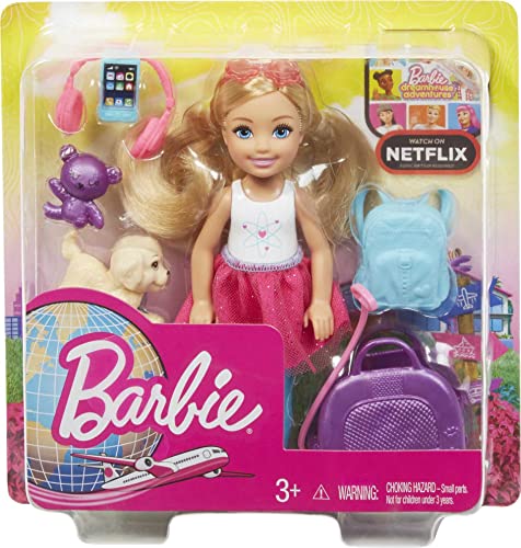 Barbie Dreamhouse Adventures Doll & Accessories, Travel Set with Blonde Chelsea Small Doll, Puppy, Carrier & Backpack That Opens