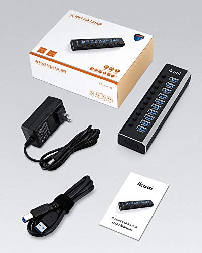 Powered USB Hub 3.0 ikuai Aluminum 10 Port USB 3.0 Data Hub Splitter with 12V/3A 36W Power Adapter and Individual On/Off Switches for Desktop PC Laptop and More