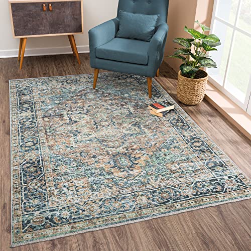 Bloom Rugs Caria Washable Non-Slip 5x7 Rug - Blue Green/Tangerine Area Rug for Living Room, Bedroom, Dining Room and Kitchen - Exact Size: 5' x 7'