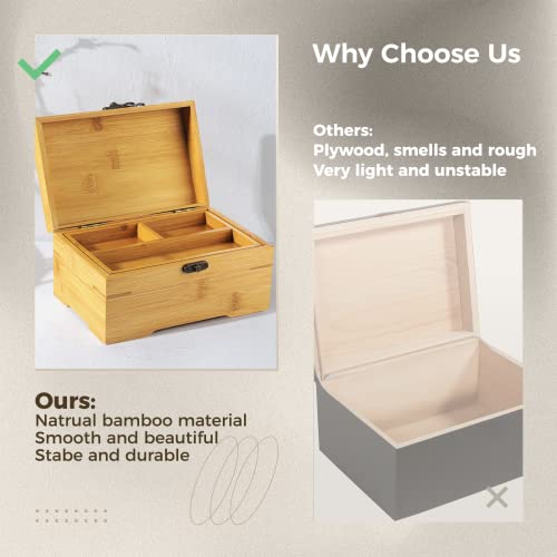 CDOKY Large Wooden Box with Hinged Lid, Bamboo Wood Multi-purpose Storage Box with Tray 2 Compartments, Natural Wood Organizer for Photos, Jewelry Home Office Decor, 7 x 5 x 4 in (Large)