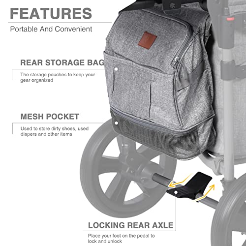 EVER ADVANCED Foldable Wagons for Two Kids & Cargo, Collapsible Folding Stroller with Adjustable Handle Bar,Removable Canopy with 5-Point Harness Gray