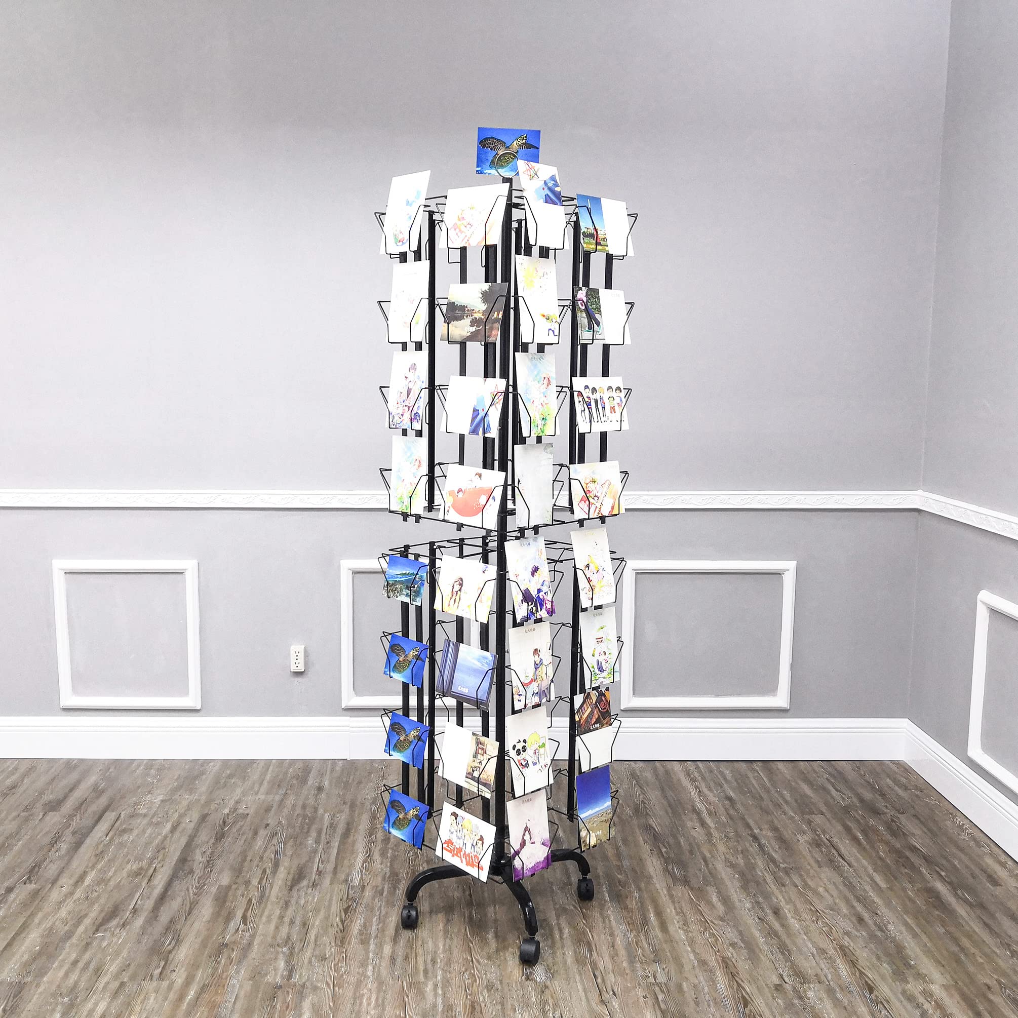 64 Adjustable Pockets Display Rack 5x7 7x5 up to 9.3" Wide X 8" Tall Cards, 1.27" deep Pockets, Double Tier Greeting Post Card Christmas Holiday Spinning Rack Stand Black 10139-BLK-NPF