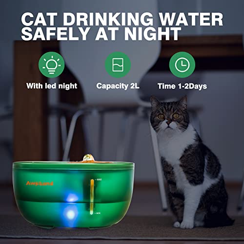Awpland Avocado Cat Water Fountain, Ultra Quiet Pet Water Fountain with Smart Pump, 67oz/2L Auto Cat Water Bowls for Cats and Small Dogs, Multiple Pets