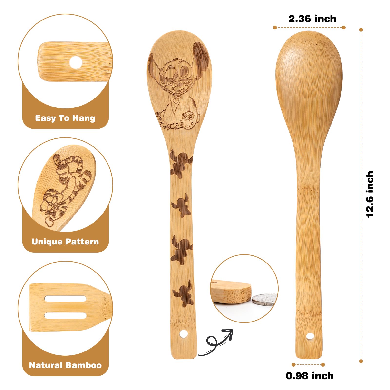 6 PCS Bamboo Cooking Kitchen Utensils Set - Cute Bear Slotted Wooden Spatula for Kitchen Decor - Cookware Gifts for Women - Wooden Spoons for Cooking - 3D Engraved Patterns