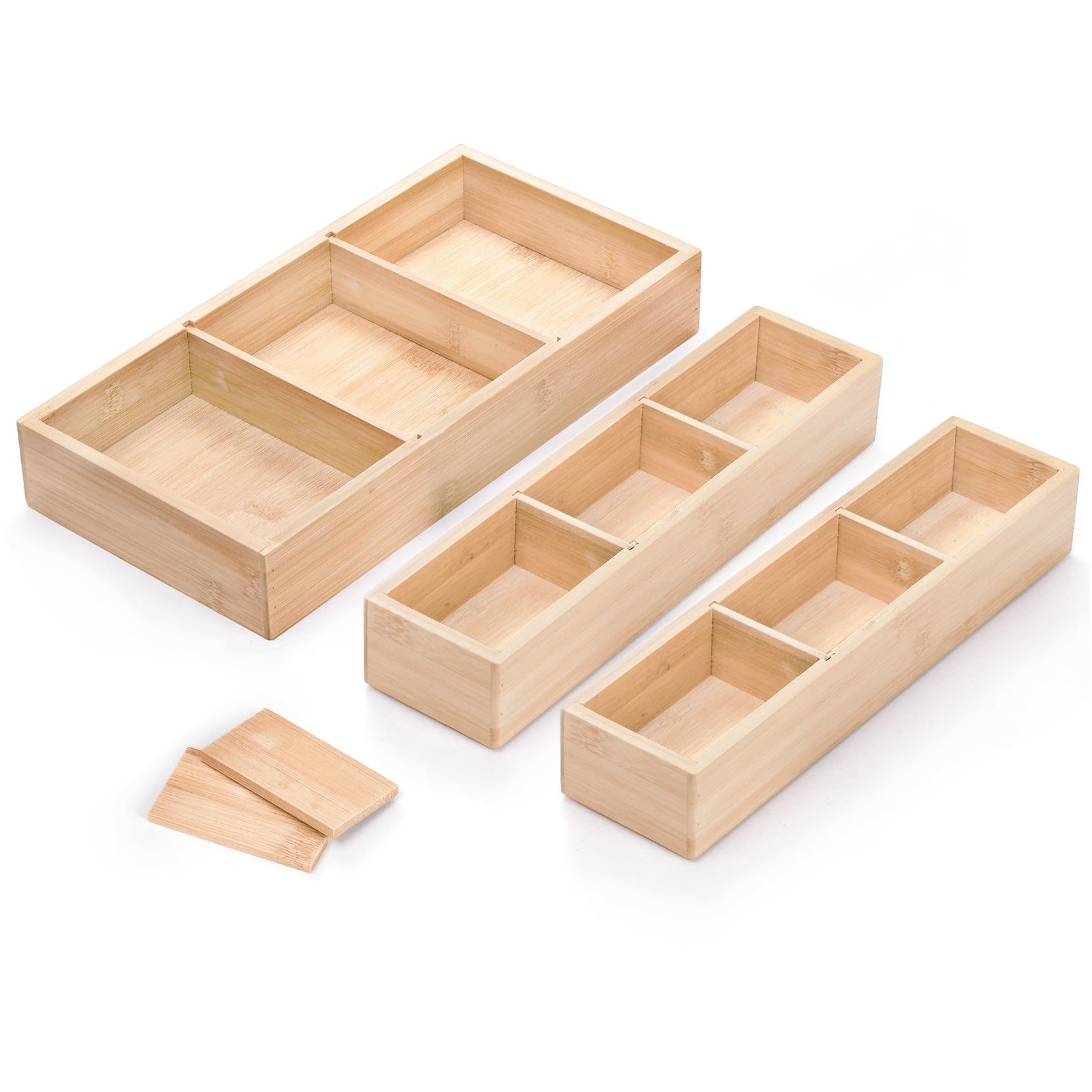 Kingrol Bamboo Drawer Organizers with Adjustable Dividers, Set of 3 Multi-Use Storage Containers for Office Kitchen Bedroom Bathroom, Individual Storage Boxes for Utensil Cutlery Makeup Junk
