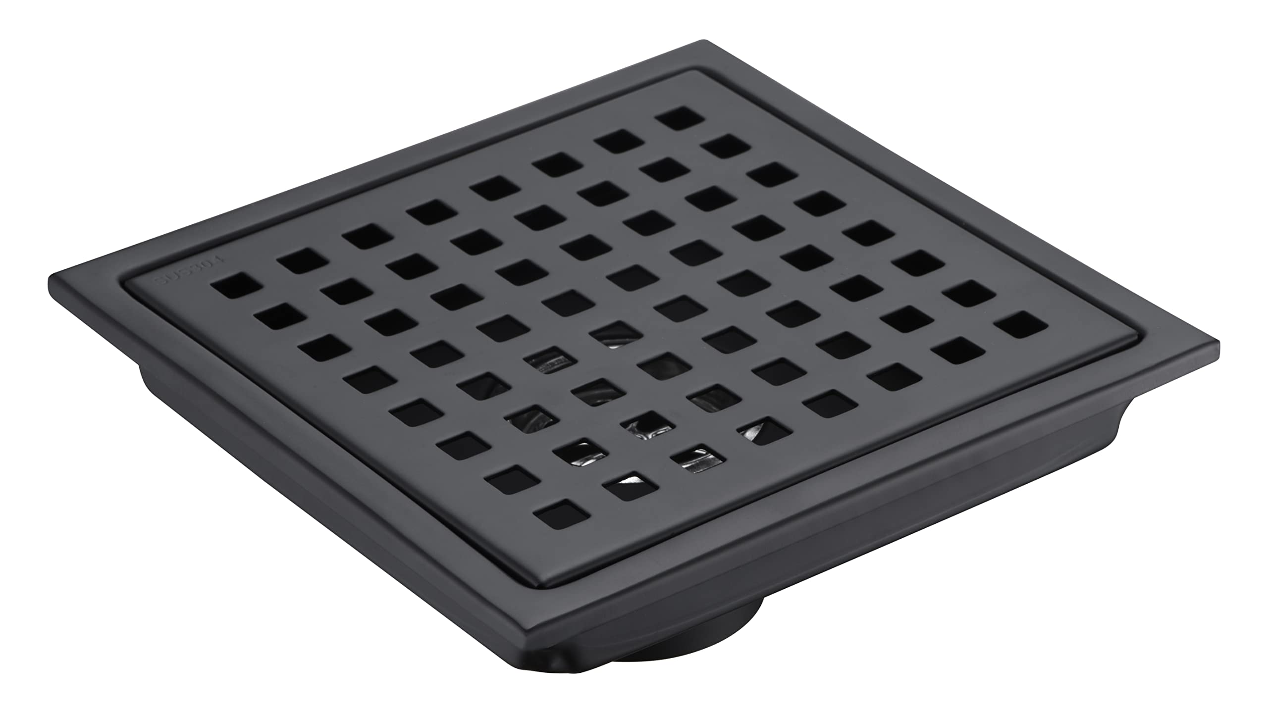 BIHAI 6 Inch Square Shower Drain with Flange, 15cm Matt Black Bathroom Floor Drain, Quadrato Pattern Grate Removable Cover, Bath Drain, Wall Drain, Stainless Steel Drain (Mat Black)