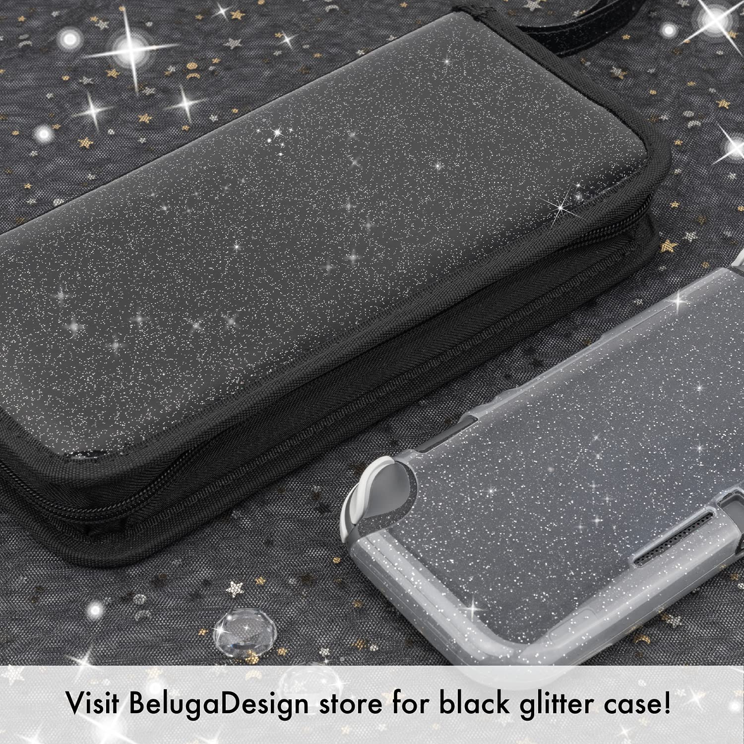 BelugaDesign Glitter Switch Bundle | Clear Snap on Case, Vinyl Wrap, Crystal Thumb Grips | Shiny Cute Pastel Accessories | Compatible with Nintendo Switch (Switch Lite, Black)