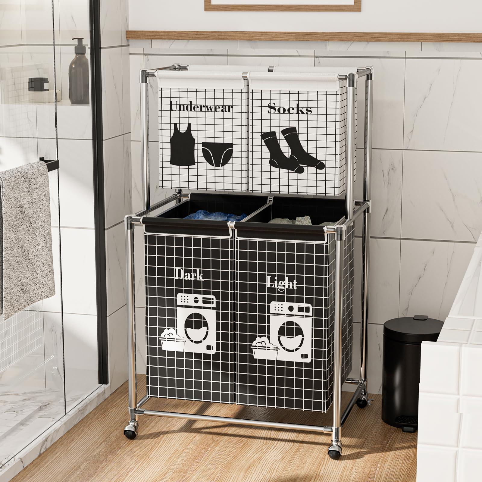 TENNTOU Heavy Duty Laundry Sorter, 4 Sections Laundry Hamper with Lockable Wheels, Rolling Laundry Basket Organizer with Large Capacity and 4 Removable Bags, in Laundry Room, Bathroom, Closet
