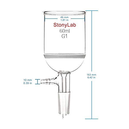 StonyLab Borosilicate Glass Buchner Filtering Funnel with Coarse Frit(G1), 46mm Inner-Diameter, 60mm Depth, with 24/40 Standard Taper Inner Joint and Vacuum Serrated Tubulation (60ml)