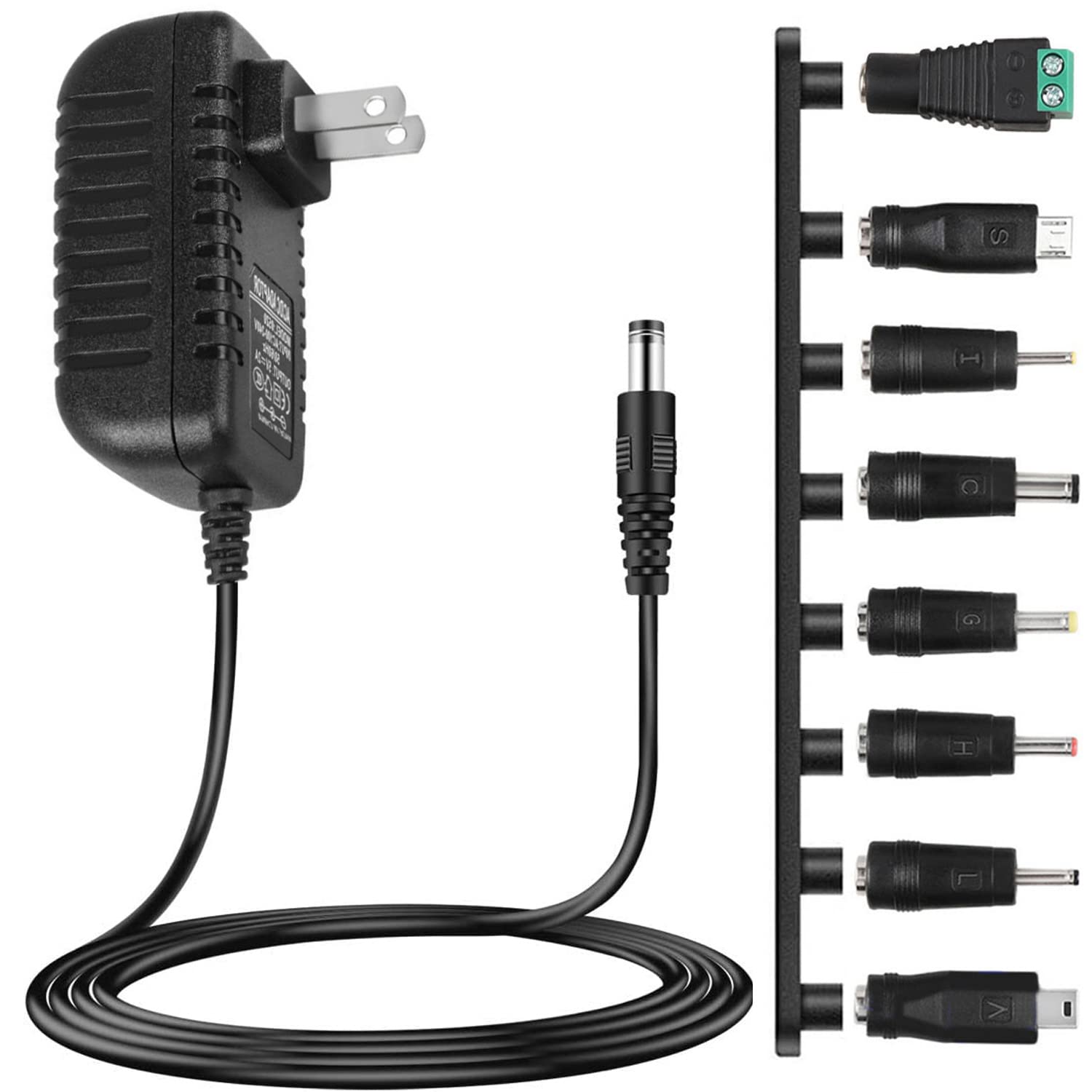 Universal AC DC 5V 1A 2A/2000mA Power Supply Cord Adapter Charger with 8 Variable Plug Tips (Include 5.5mm / 3.5mm / Mini USB/Micro USB / 4.7mm Switching Connector)