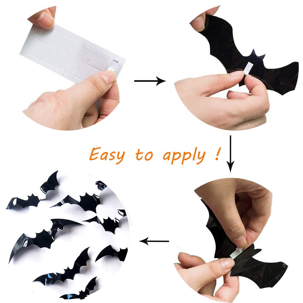 36 Pcs Halloween 3D Scary Black Bat Stickers, 3 Different Shapes Extra Large PVC Bat Wall Decals for Home DIY Wall Window Decorations Halloween Eve Party Supplies