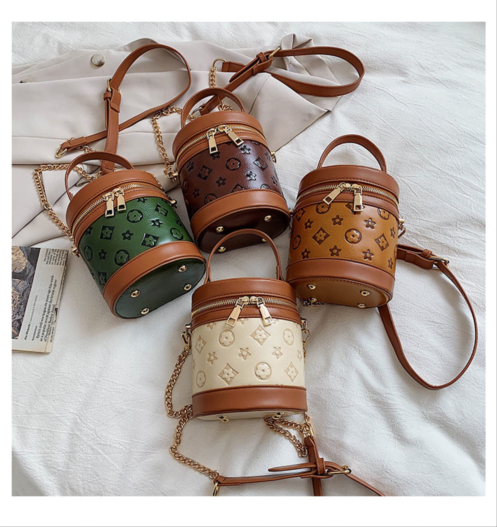 Women Fashion Print Chain Shoulder Bag Cylindrical Bucket Bag Coin Purse