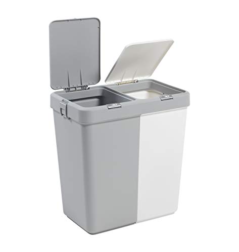 Mabel Home Plastic Laundry Hamper with Lid, 2 sections, Large Laundry Basket β Extra Trash Bin (1,6 Gallons) inc. & 3 Colour (White-Grey)