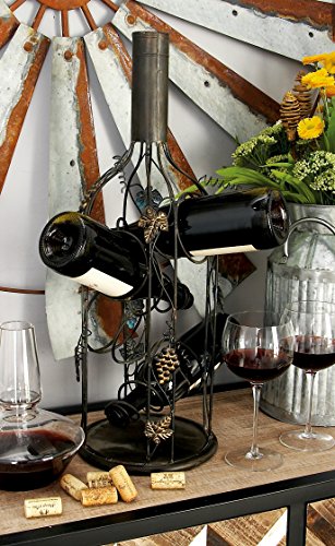 Deco 79 Grape Vine-Designed 4-Bottle Metal Wine Rack, 24" H x 9" L, Textured Black Finish