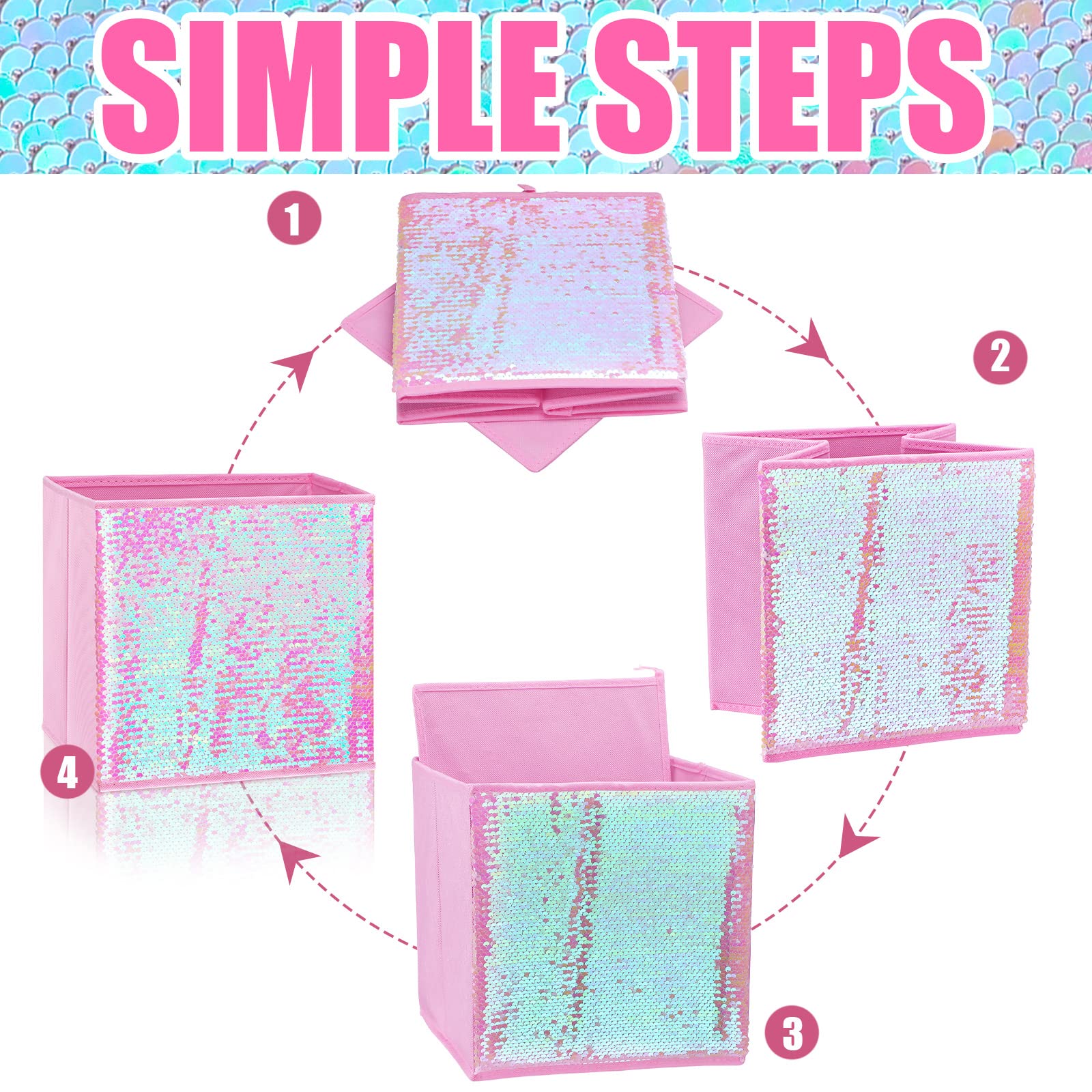 6 Pcs Christmas Foldable Sequin Storage Basket Bin 10 Inch Large Fabric Storage Cubes Storage Bin Closet Bins Christmas Bins Shelf Baskets Kids Toys Organizer Boxes for Christmas Home(Pink)
