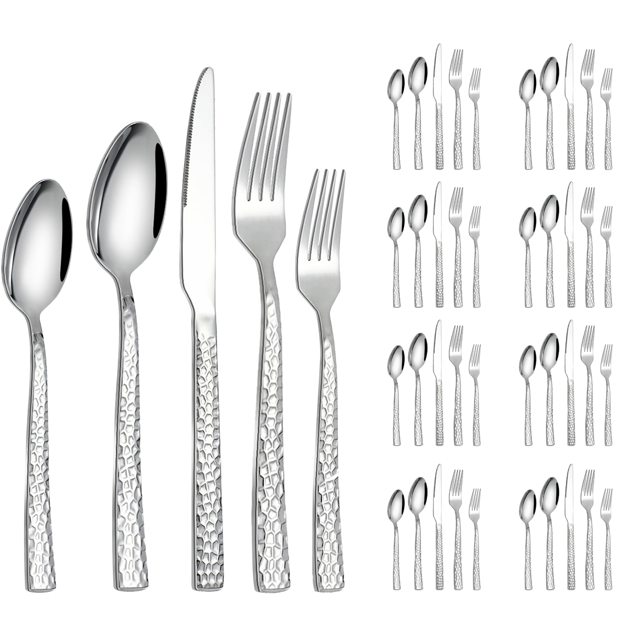 LAIWOO 40 Piece Silverware Set Service for 8, Premium Stainless Steel Hammered Flatware Cutlery Set Forks Spoons and Knives Utensil Sets for Home, Restaurant, Hotel, Mirror Polishe & Dishwasher Safe