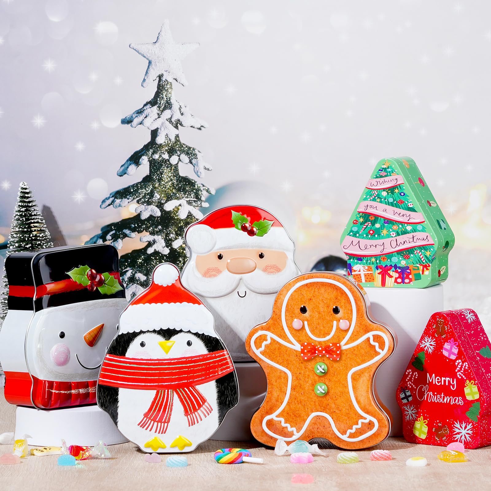 6 Pcs Christmas Cookie Tin Box Set Xmas Metal Candy Tins with Lids Food Storage Containers Cookie Jar Christmas Gift Packing Solution for Storing Candy Chocolate Biscuits Christmas Party Favor
