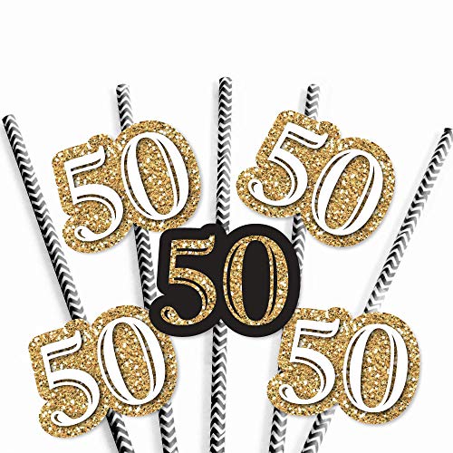 Adult 50th Birthday - Gold - Paper Straw Decor - Birthday Party Striped Decorative Straws - Set of 24