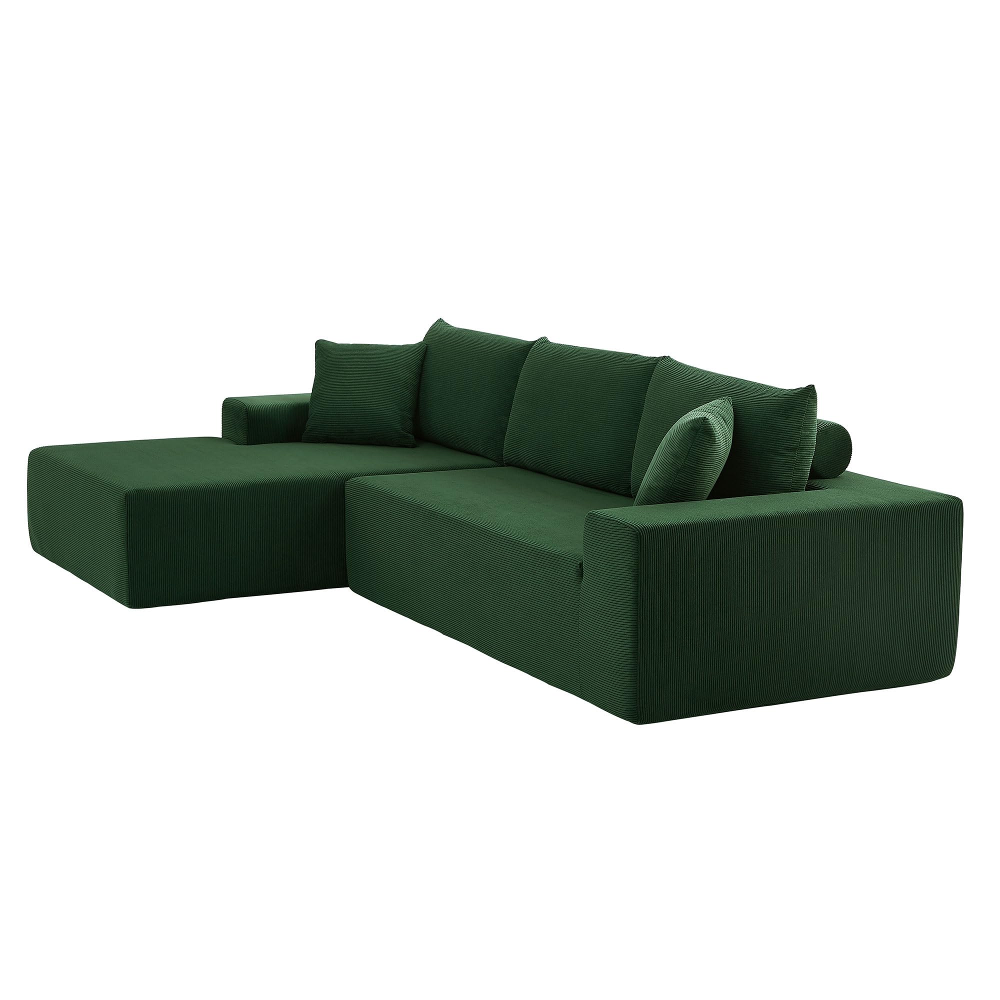 JUSTONE, 108.5'' Dark Green High Density Sponge Sectional Sofa with Chaise Lounge, 3 Seater, Modern Polyester Living Room Sofa, Space Saving L-Shape, Right Facing, Cloud Couch, 2 Throw Pillows