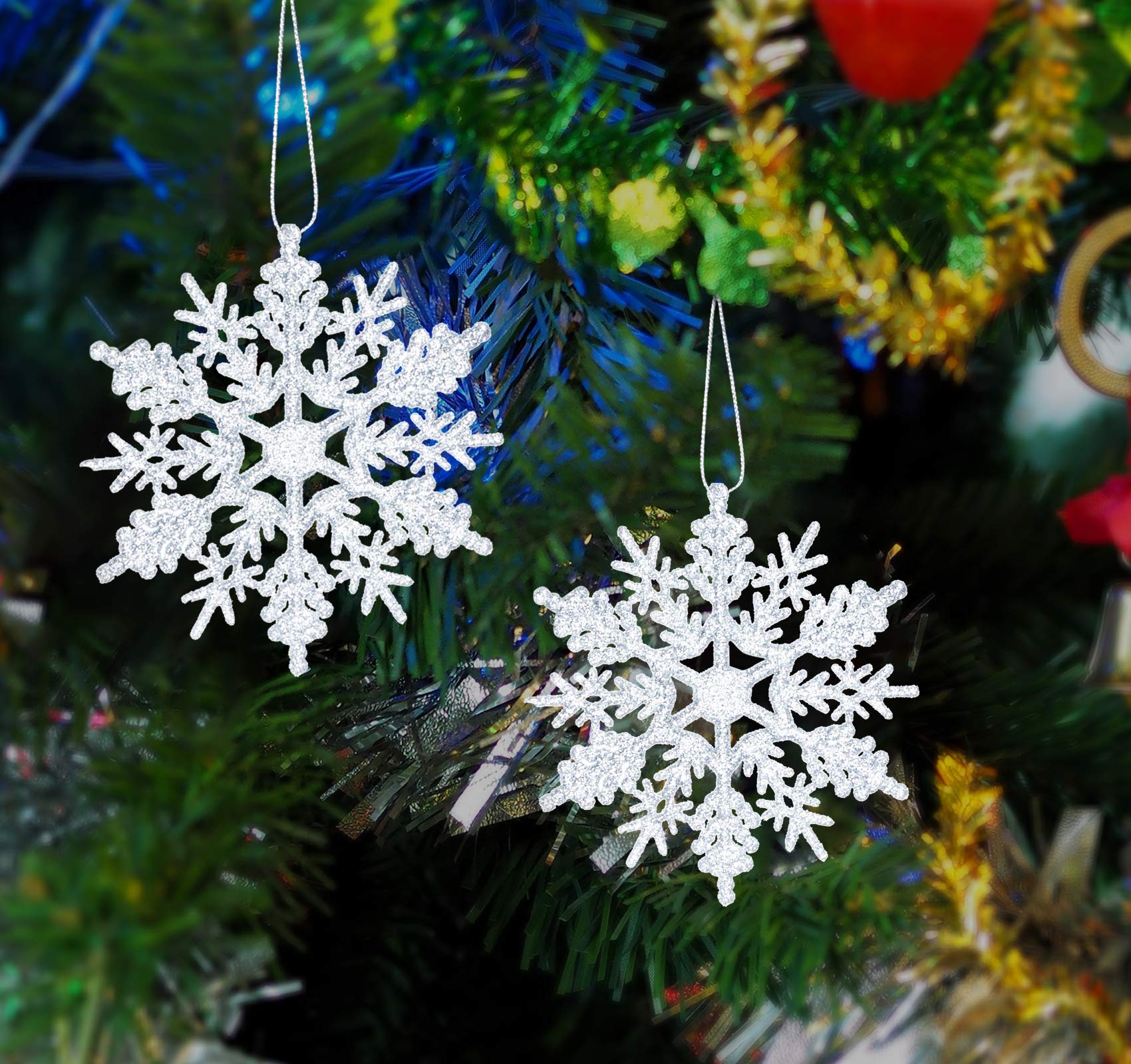 36 pcs Snowflake Ornaments 4 inch Christmas Glitter Snowflake Ornaments with Rope, Sliver Snowflakes Christmas Decorations Perfect for Winter Xmas Tree Decor, Craft, Wedding