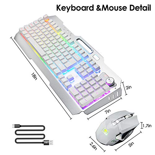 Wireless Gaming Keyboard and Mouse,16 Kinds RGB LED Backlit Rechargeable Keyboard Mouse with 4800mAh Battery Metal Panel,Mechanical Feel and Gaming Mute Mouse for PC Gamers(White RGB Backlit)