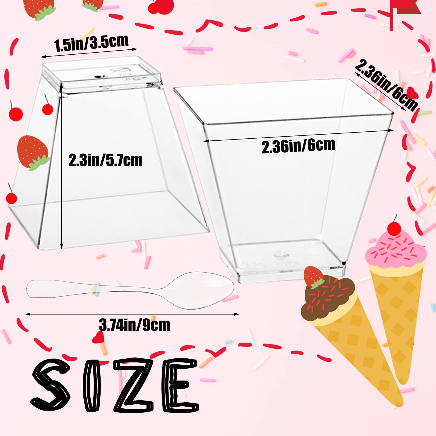 50 Pack 3.5 Oz Plastic Mini Square Dessert Cups with Spoons,Plastic Parfait Appetizer Cup,Disposable Plastic Cups for Puddings Mousse Desserts