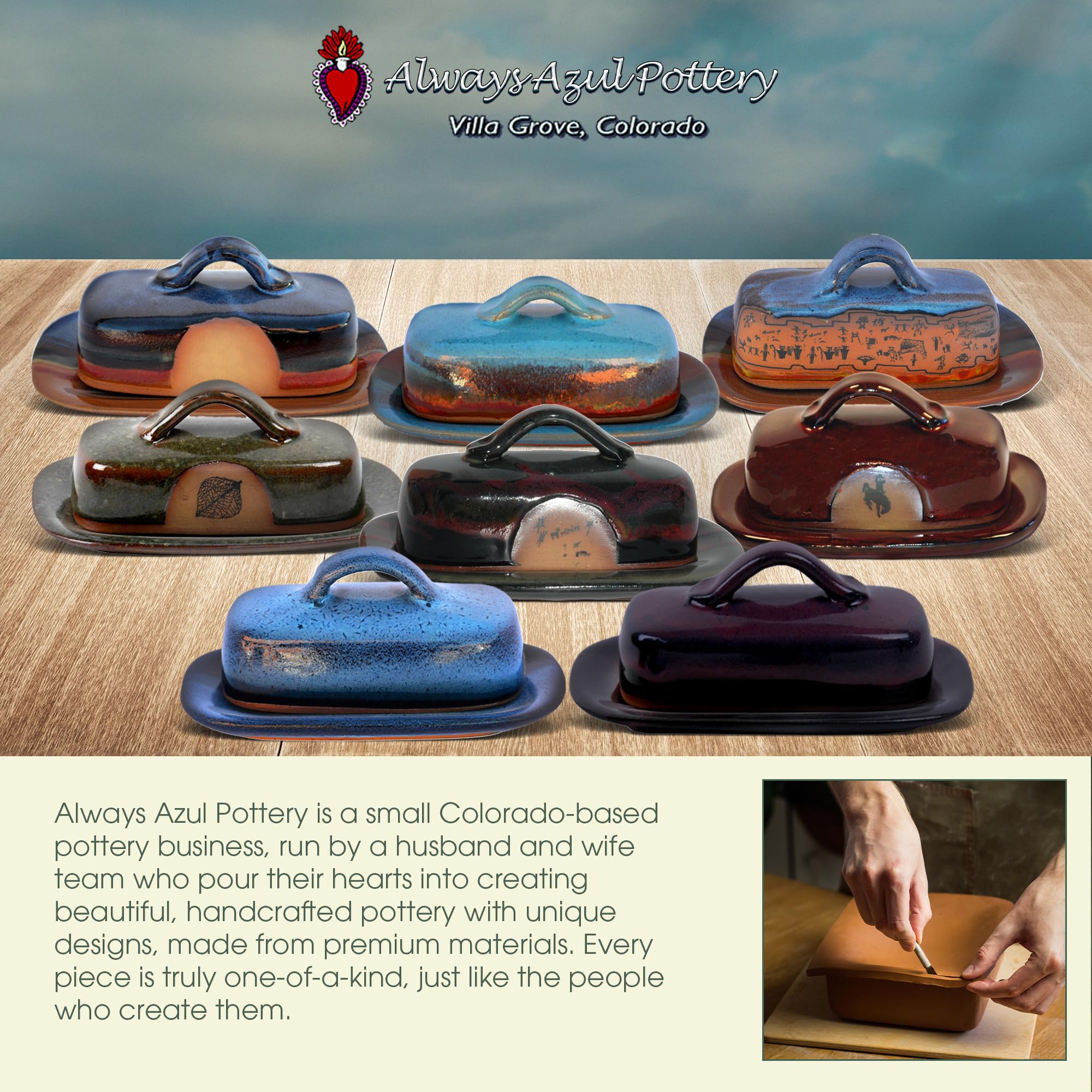 ALWAYS AZUL POTTERY 7.5 Inch by 4 Inch Butter Dish in Wild Horses design and Azulscape Glaze - Handmade Pottery -Decorative Stoneware Butter Dish Dispenser -Countertop Covered Butter Storage Container