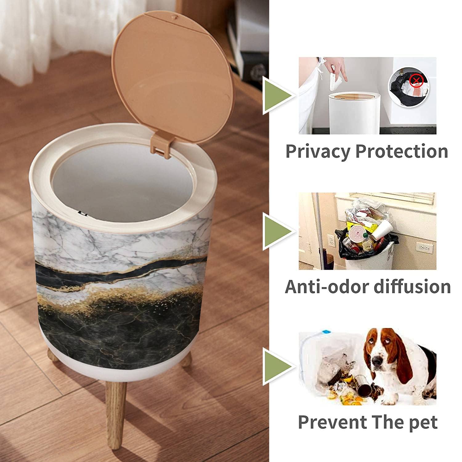 IBPNKFAZ89 Abstract marbling Black and White Marble with Golden Veins Fake Trash Can with Lid Small Garbage Bin Wood Waste Bin Press Cover Round Wastebasket for Bathroom Bedroom Kitchen 7L/1.8 Gallon