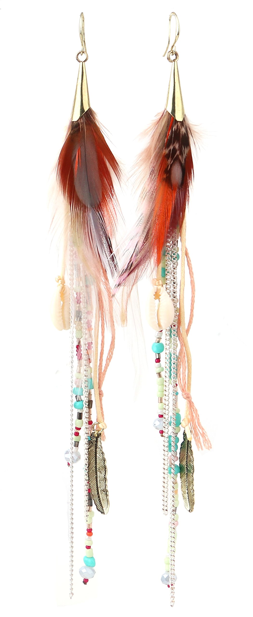 Boho Colorful Feather Feather Dangle Earrings for Women Bohemian Shell Beads Long Tassel Design Drop Earrings