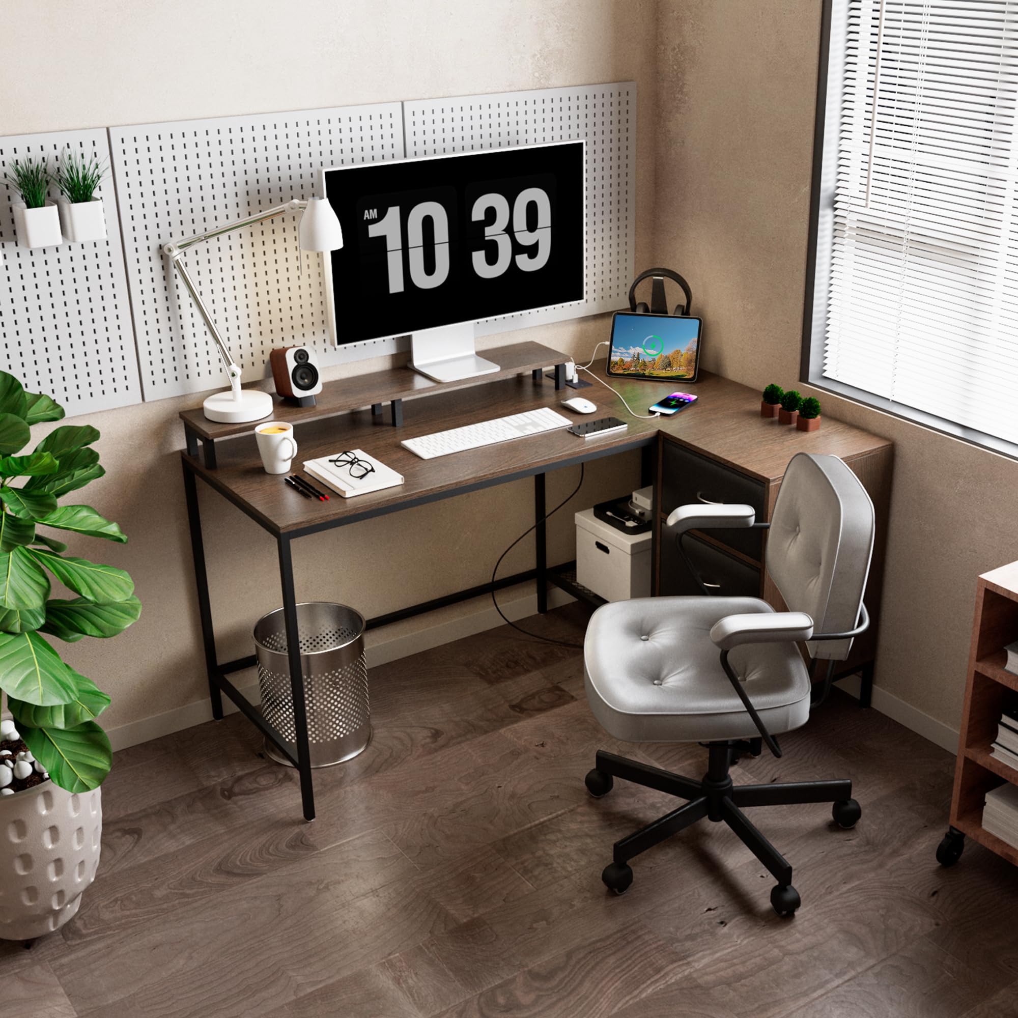 Edbuosy 54" L Shaped Desk with File Drawers, Office Computer Desk with Outlet, Monitor Shelf & Storage, Corner Desk for Home Office, Rustic Brown