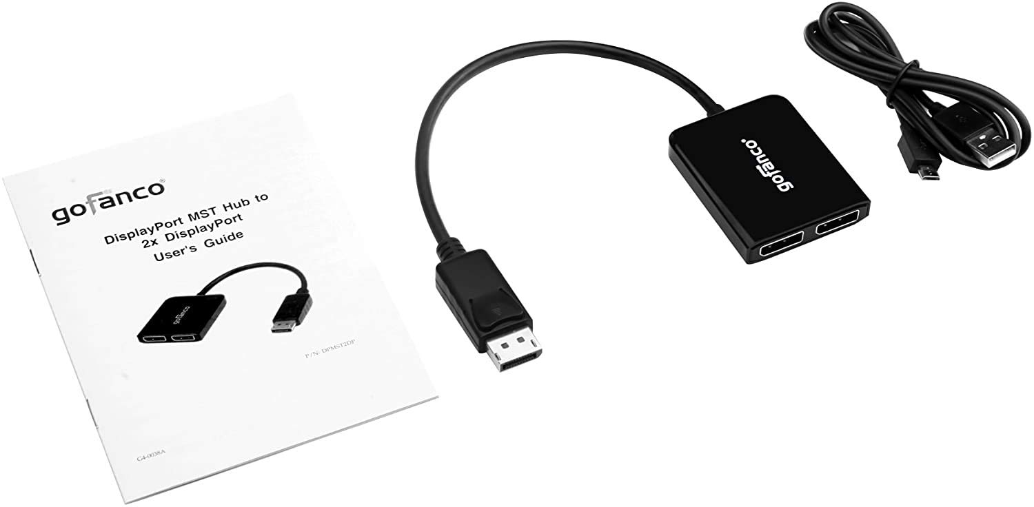 gofanco 1x2 DisplayPort 1.2 Display Splitter Adapter – DP to Dual DisplayPort MST Hub Converter, 4K @30Hz, for Windows PCs, Not Mac OS Compatible, Eyefinity Support (DPMST2DP)