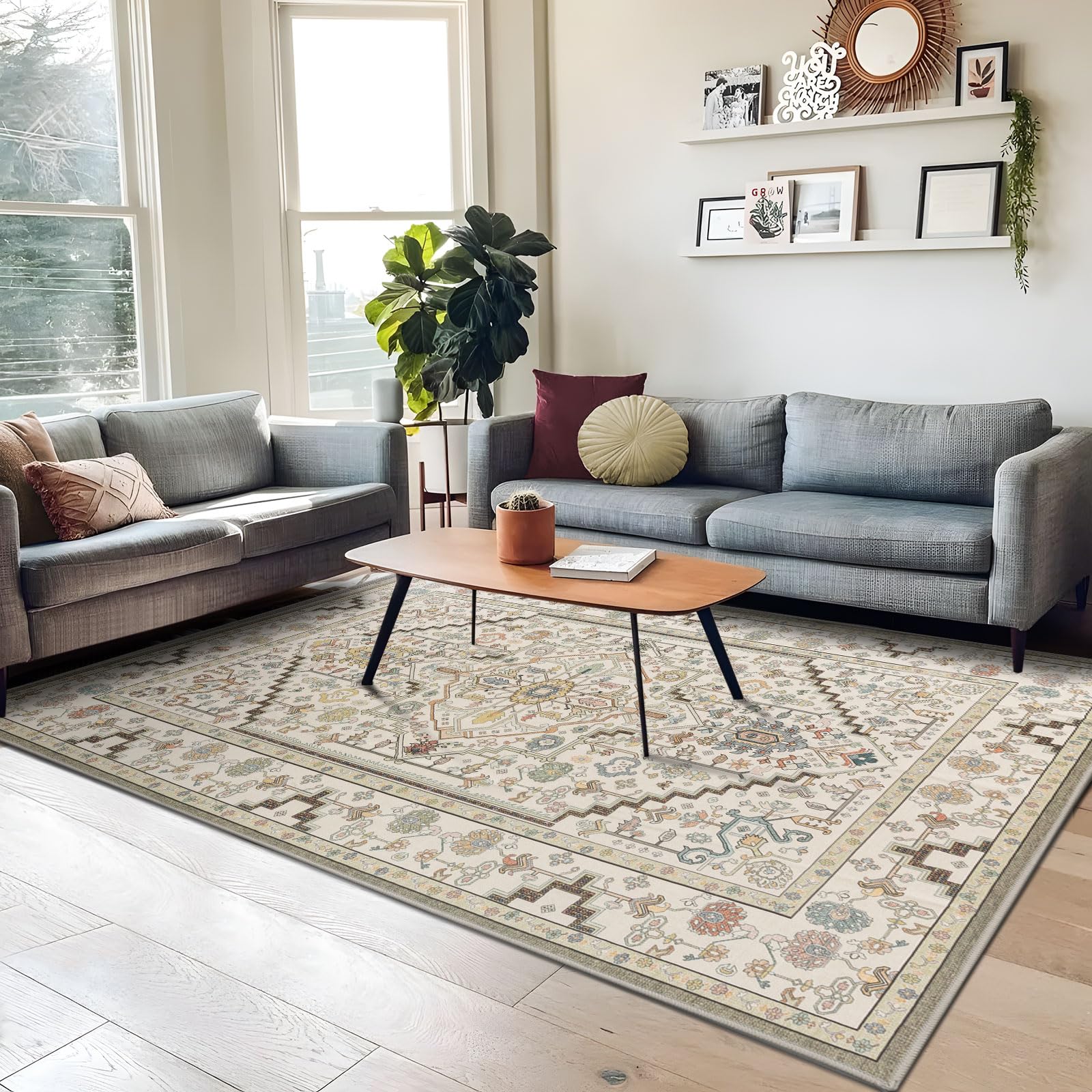 Rineflo-2'x3' Washable Indoor Doormat, Non-Slip Retro Door Mat ,Boho Mat Low-Pile Entryway Rug,Suitable for Bedroom, Study, Bathroom Entrance Carpet (Beige Green, 2'x3')