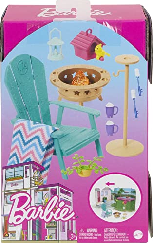 Barbie Furniture and Accessories, Doll House Decor Set with Backyard Patio, Bonfire, Birdfeeder and Birdhouse