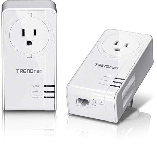 TRENDnet Powerline 1300 AV2 Adapter with Built-in Outlet Adapter Kit, Includes 2 x TPL-423E Adapters, IEEE 1905.1 & IEEE 1901, Gigabit Port, Range Up to 300m (984 ft), White, TPL-423E2K