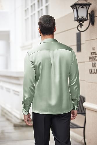 COOFANDY Button Down Shirts for Men Satin Silk Luxury Long Sleeve Shirt Party Wedding Prom (Light Green, Large)