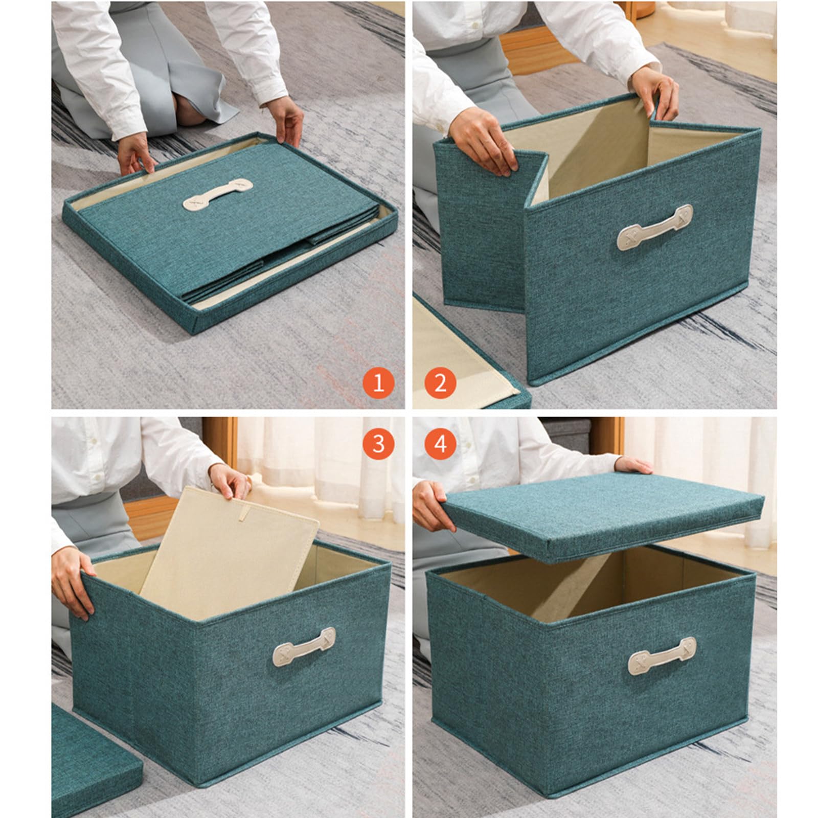 Foldable Cotton Linen Storage Baskets Bins with Lids, Leather Handheld Clothes Storage Box Fabric Storage Box,Toys,Clothes Organiser for Closet Home Bedroom Office Nursery,2pack (Morandi green)