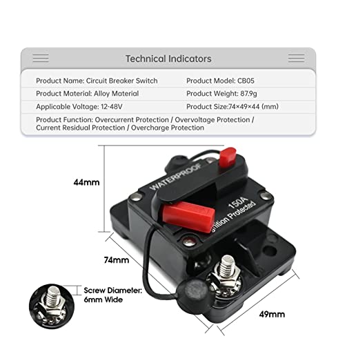 30A 40A 50A 60A 70A 80A 100A 120A 150A 200A 250A 300A AMP Circuit Breaker Fuse Reset 12-48V DC Car Boat Auto Waterproof (Color : 150A)