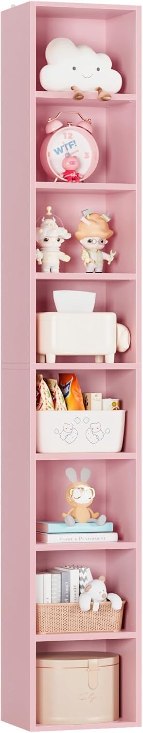 8-Tier Media Tower Rack, 11.6 X 9.3 X 71 Inches CD DVD Slim Storage Cabinet with Adjustable Shelves, Tall Narrow Bookcase Display Bookshelf for Home Office,Pink