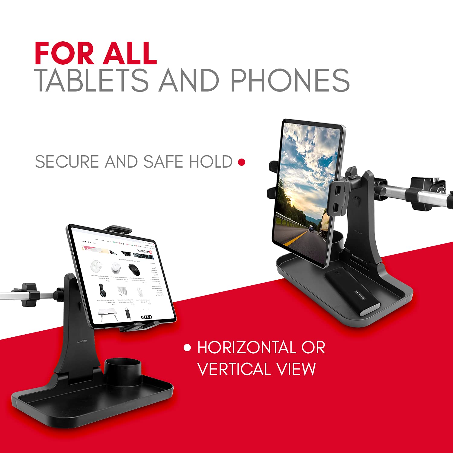 Macally Tablet Mount for Car - iPad Holder with Folding Table Tray - 360 Rotatable - Compatible with Tablets 4.5-10" Wide