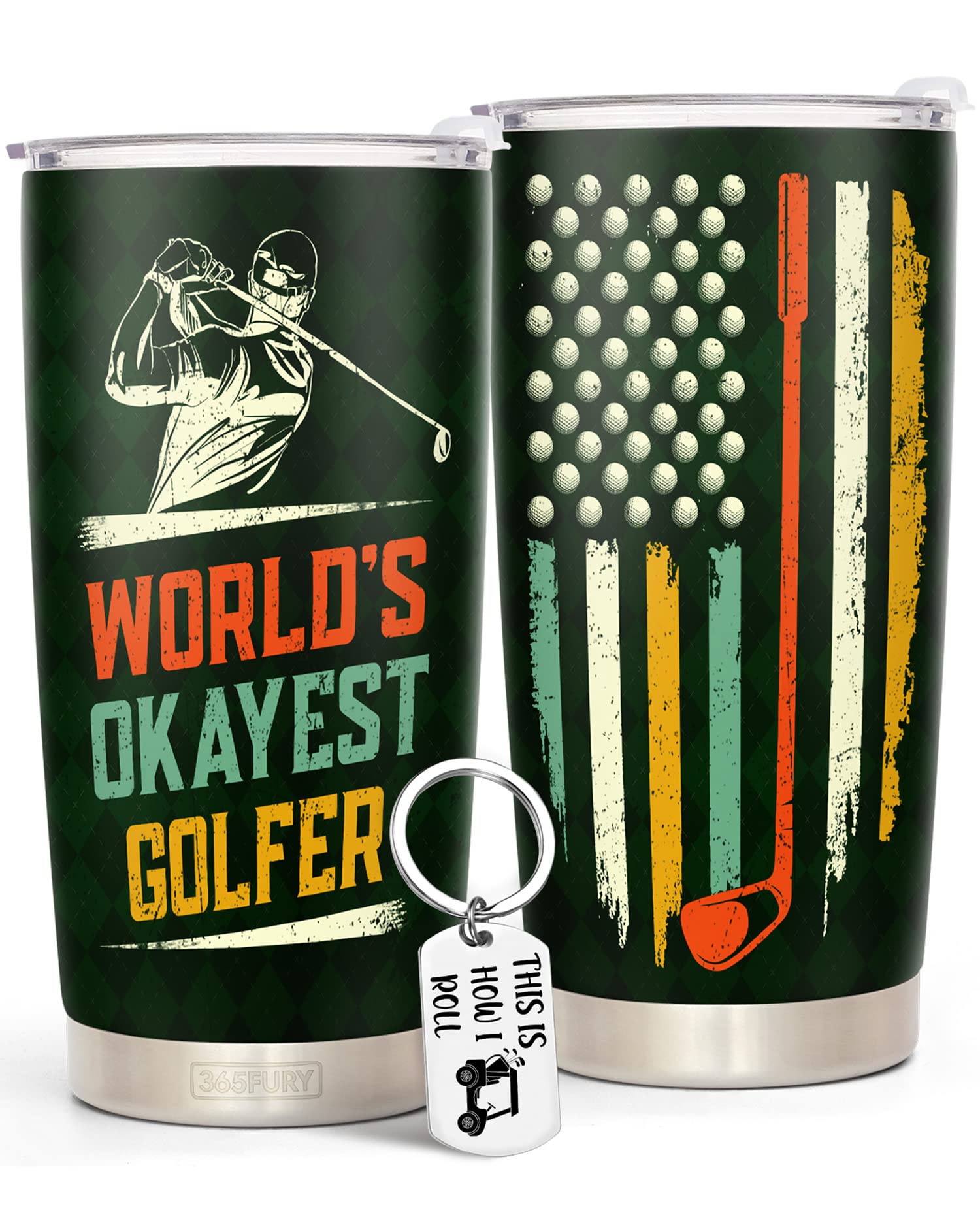 365FURY Golf Gifts For Men, Dad - Christmas, Fathers Day Golf Gifts For Men, Dad - Worlds Okayest Golfer 20oz Tumbler & Keychain - Golf Gag Gifts Accessories For Men Golfers, Funny Birthday Golf Gifts