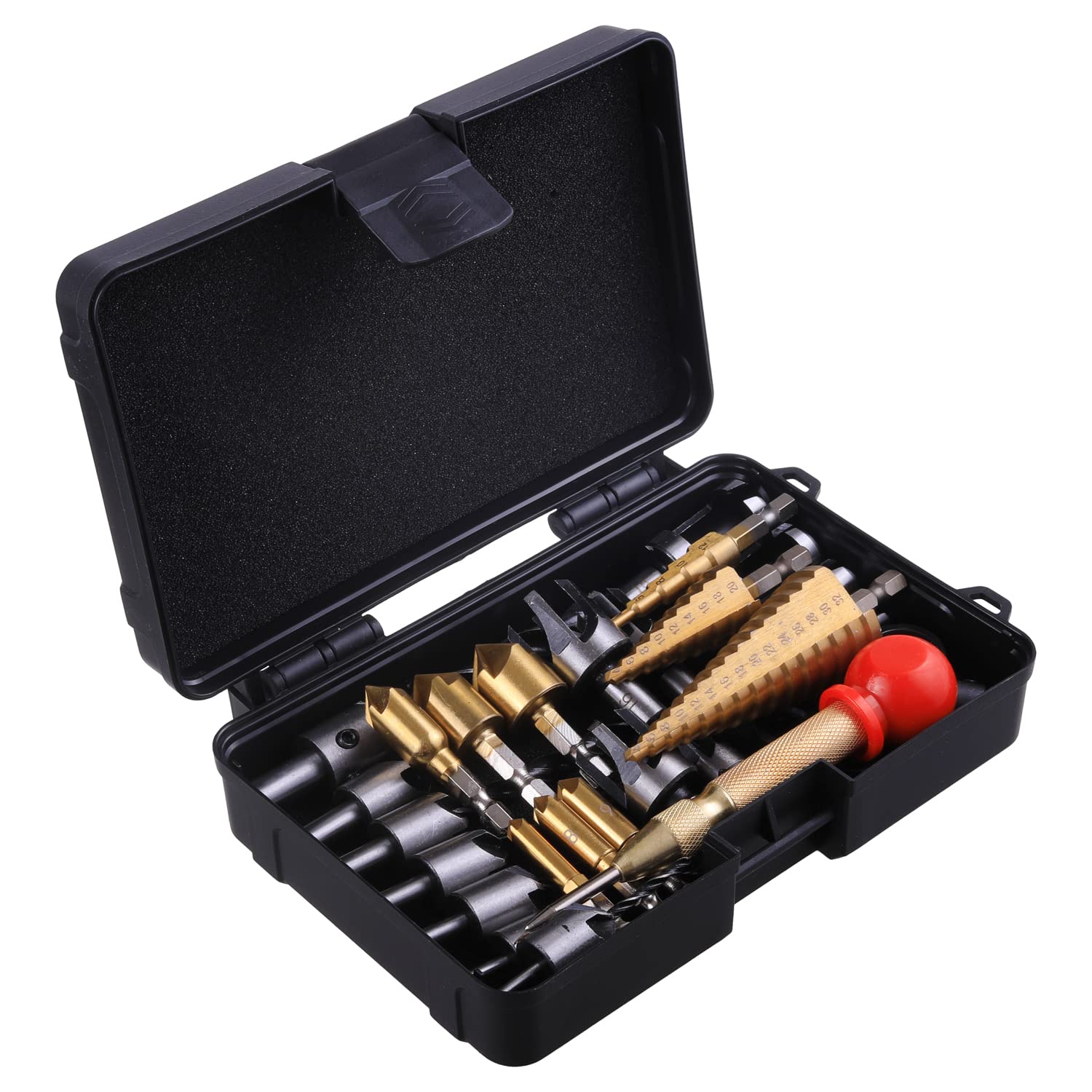 50 Pack Wood Working Chamfer Drilling Tools, 12 Countersink Drill Bit Set, 7 Counter Sinker Drill Bit Set, 8 Plug Cutters for Wood, 8 Drill Stop Bit Collar Set, 6 Step Drill Bits and 6Pcs High