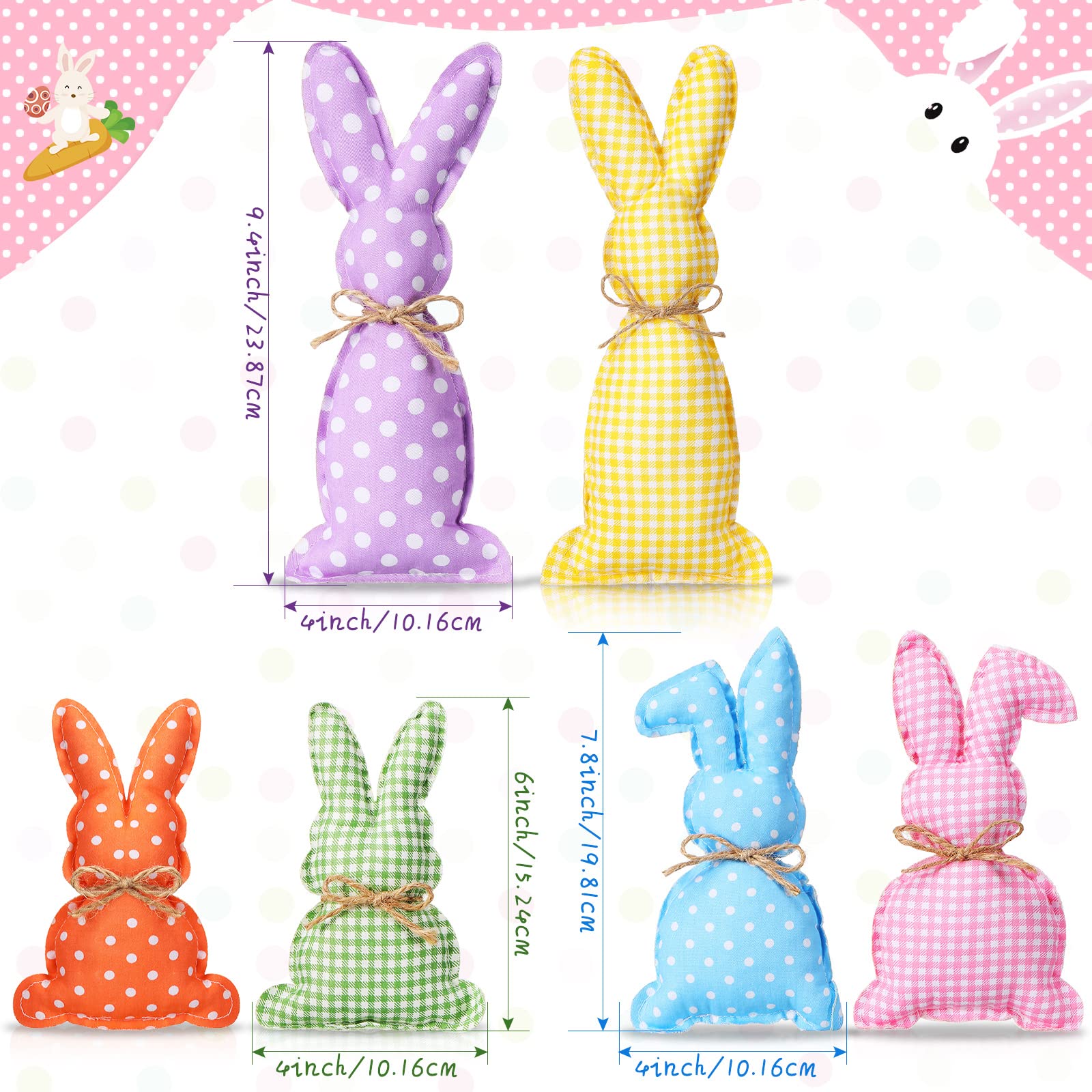 6 Pcs Rustic Easter Bunny Decor Farmhouse Stuffed Fabric Bunny Ornament Polka Dot Grid Easter Basket Bowl Fillers for Tiered Tray Desk Table Top Wedding Home Easter Centerpiece Decoration (Dark)