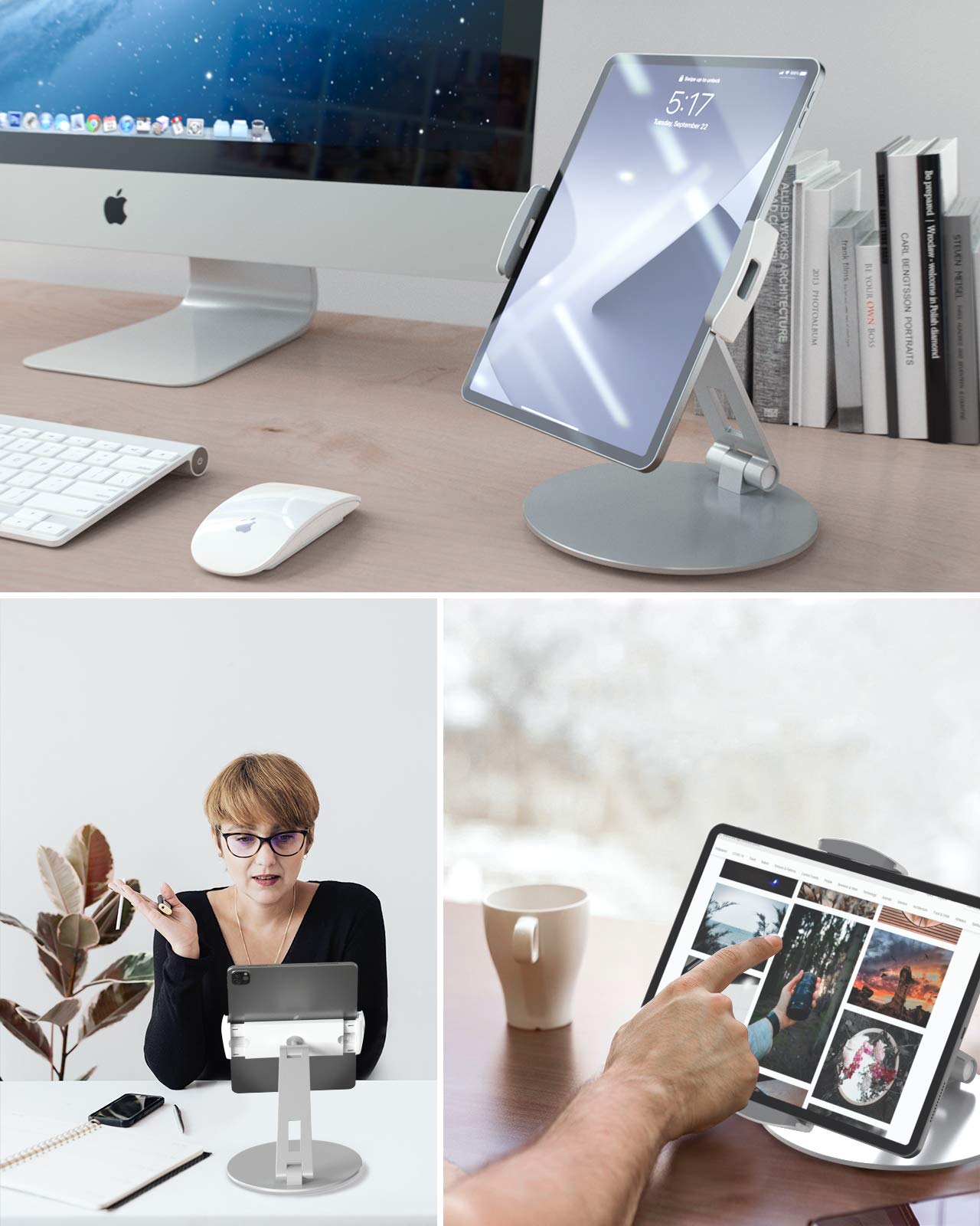 Stouchi Tablet Stand, 360°Tablet Swivel Base Holder Galaxy Tab S8, Adjustable Desk Mount for iPad Mini 2021,Galaxy S22, POS Kiosk, Surface Pro 4, iPad Pro/Air fits 4-14” Tablet & Phone Silver